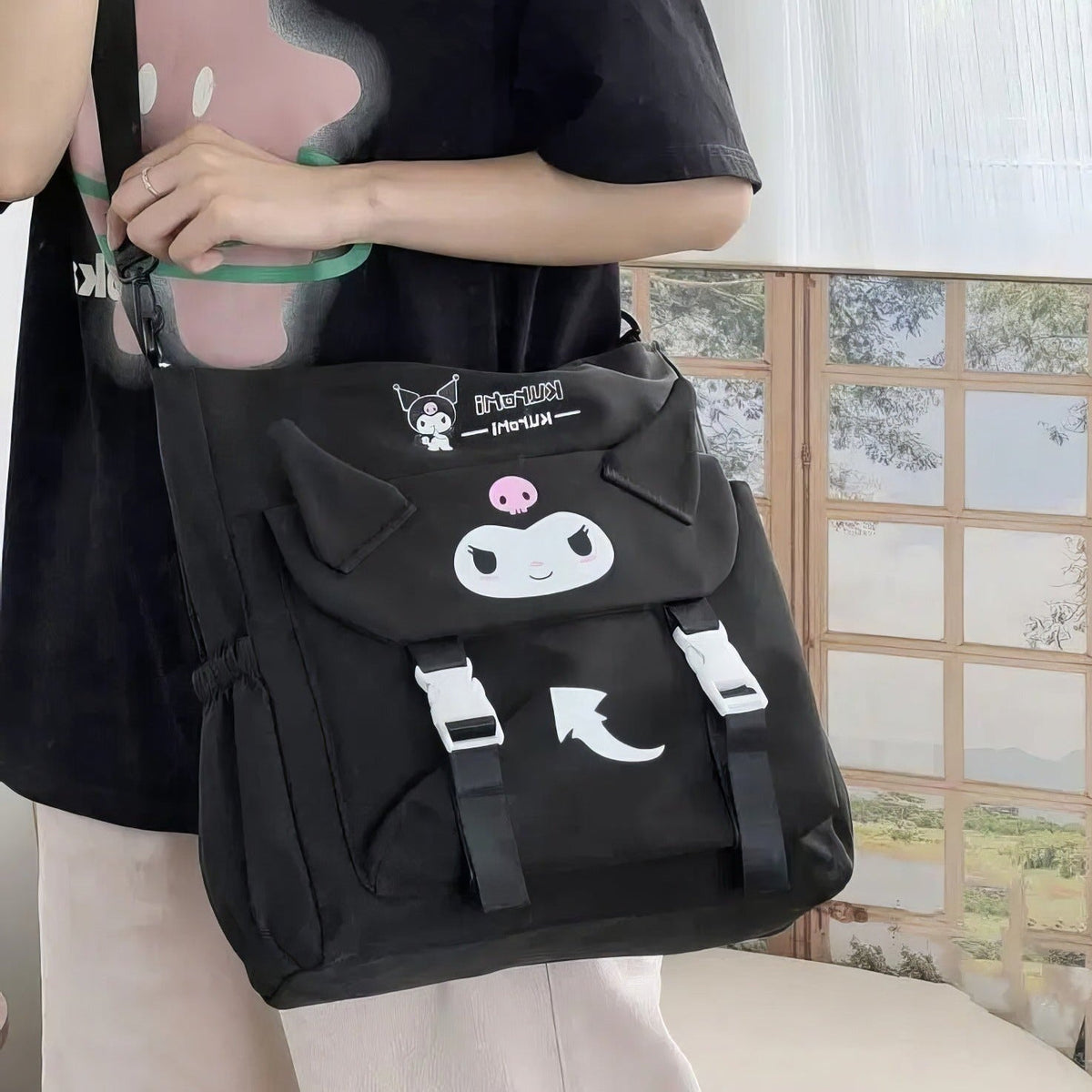 Kuromi Backpack Cute Shoulder Crossbody Canvas Tote Bag High School and ...