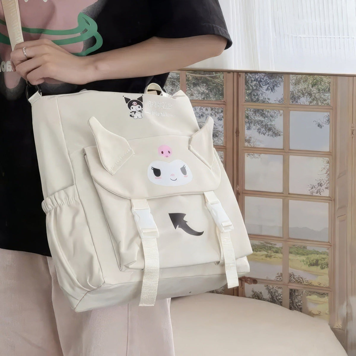 Kuromi Backpack Cute Shoulder Crossbody Canvas Tote Bag High School and ...