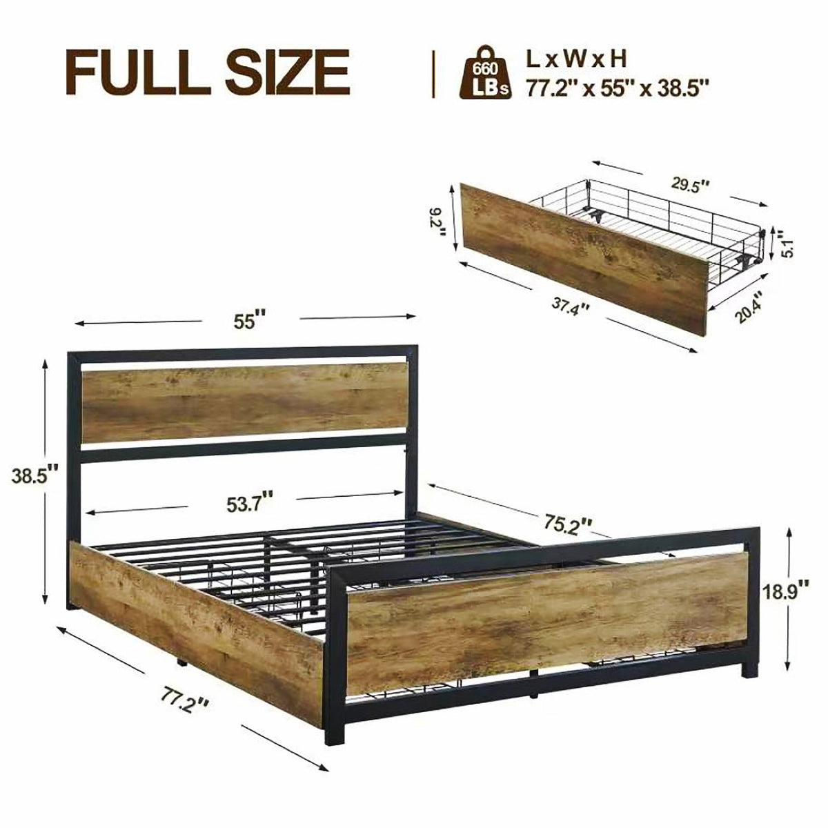 Full Bed Wood And Metal Bed Platform With Headboard No Box Spring Need ...